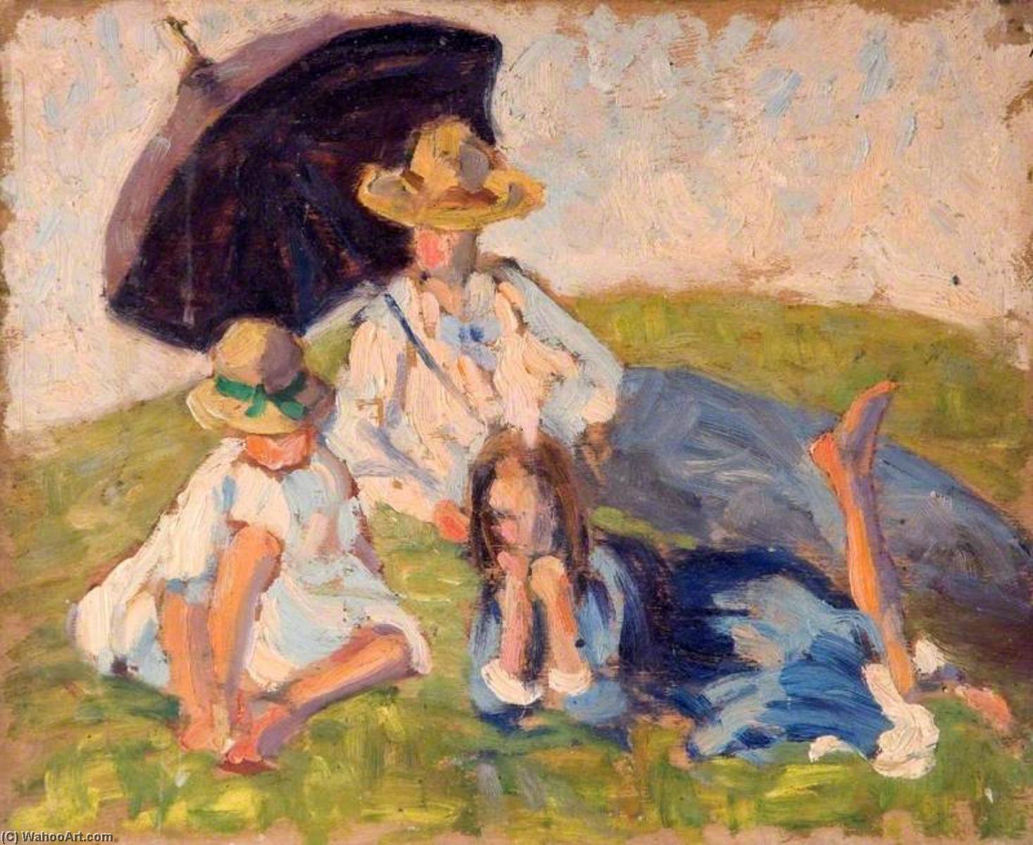 Woman and Children with an Umbrella by Elizabeth Muntz (1894-1977 ...